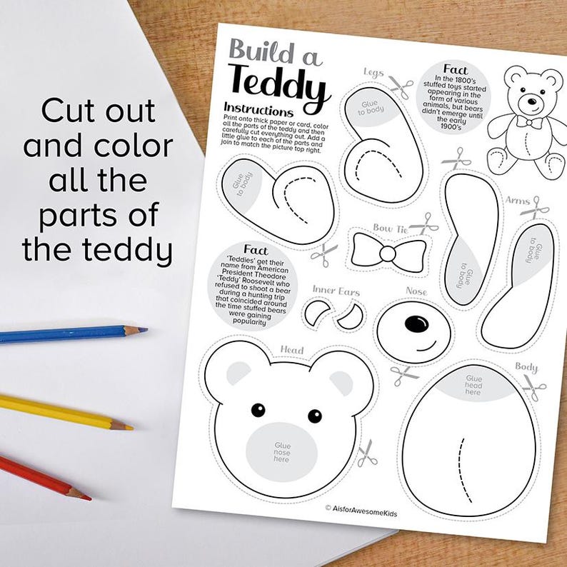 Teddy Cut & Paste Craft, Build a Cuddly Bear Coloring Activity Kit ...