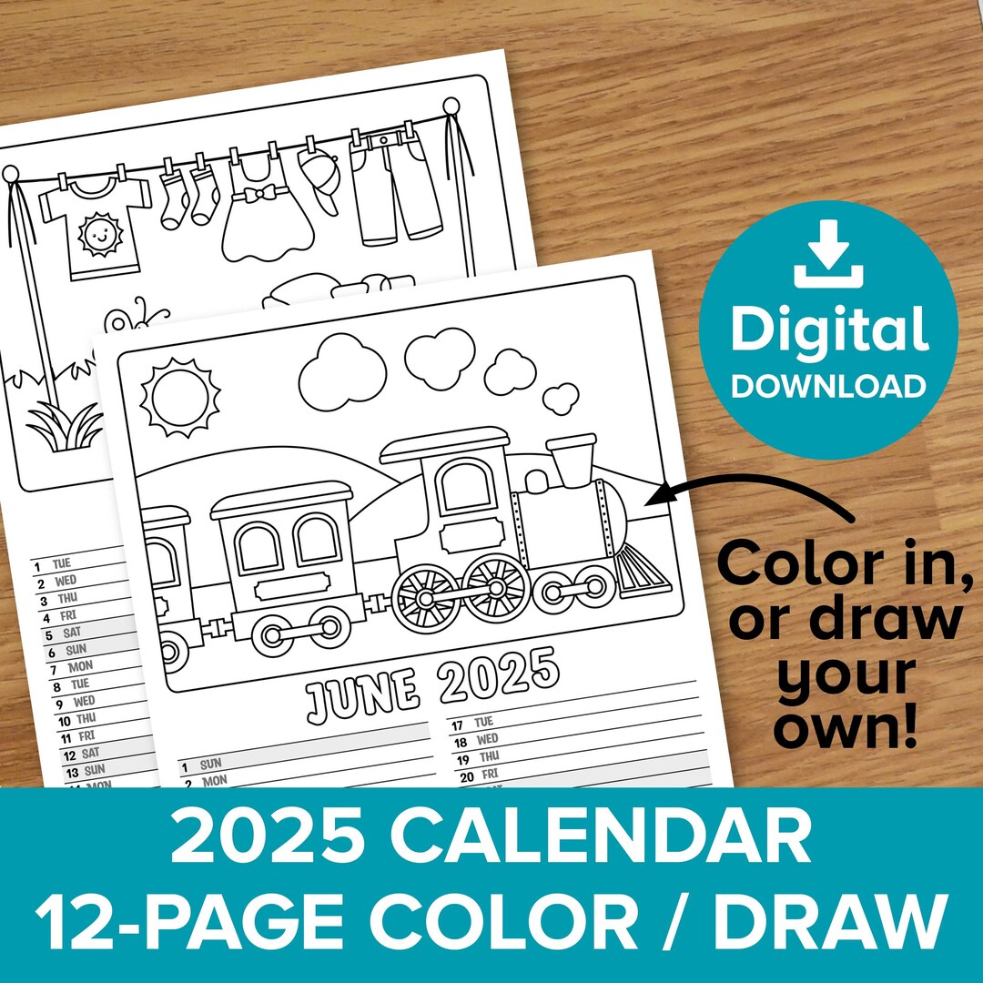 Calendario imprimible para colorear 2025, planificador de 12 páginas ...