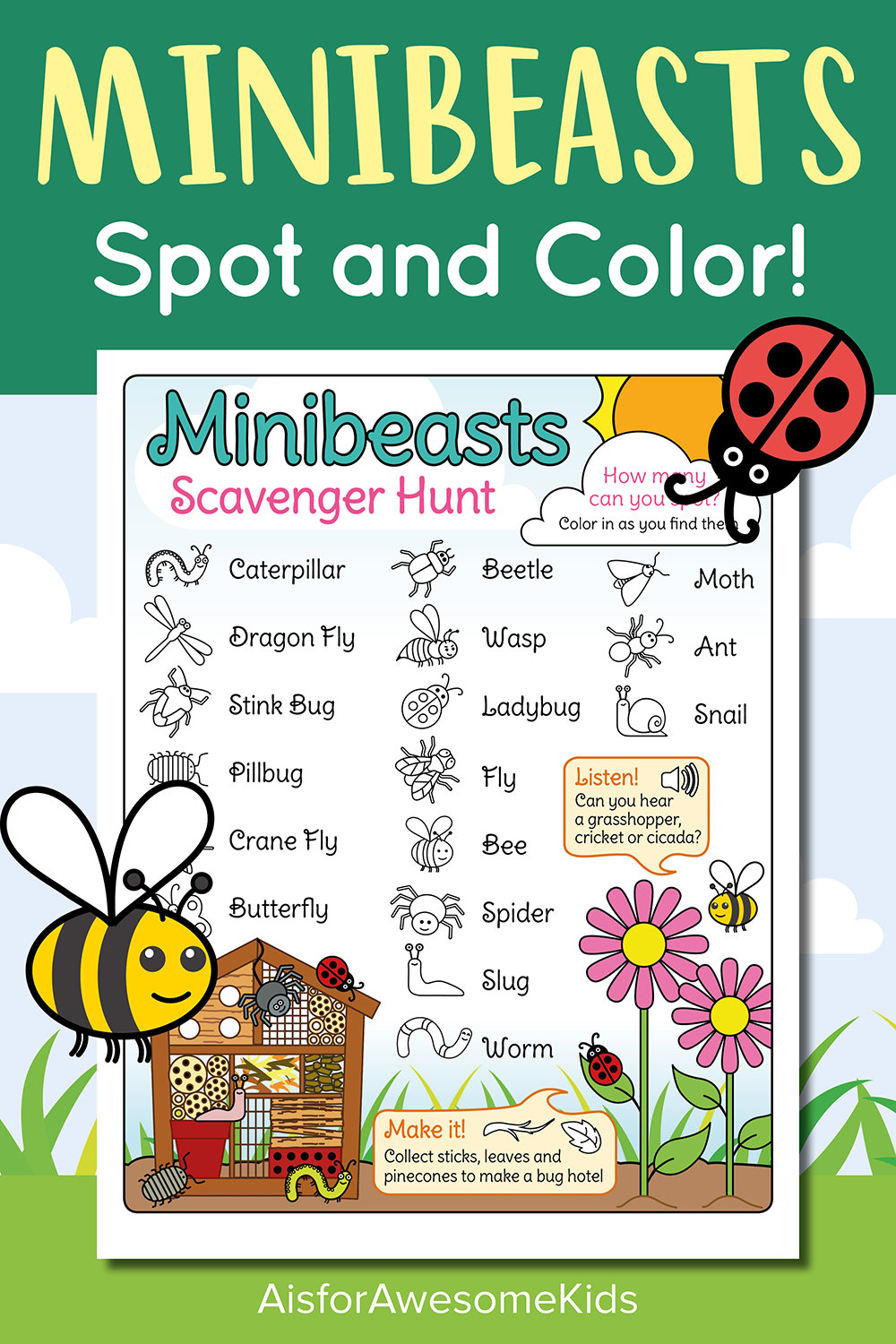 Minibeasts Scavenger Hunt, Kids Spot & Color Insect Nature Walk ...
