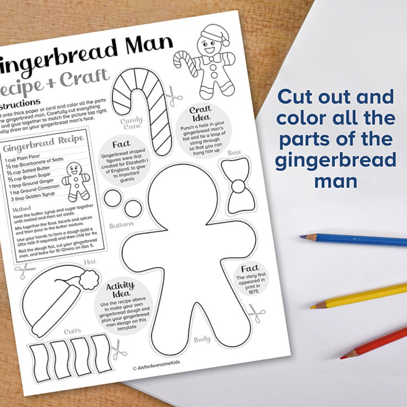 Gingerbread Man Cut & Paste Craft Plus Recipe Card, Christmas Color ...