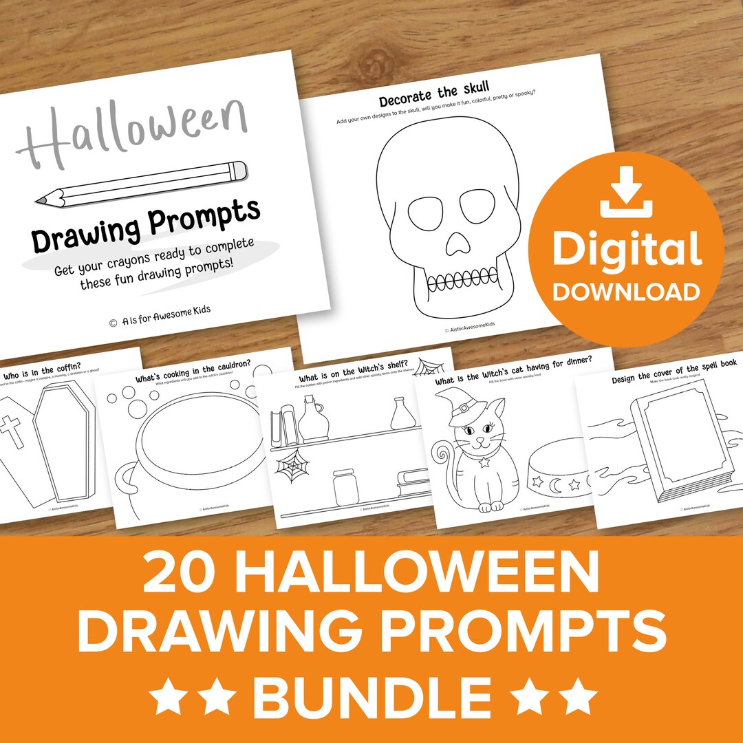 Halloween Drawing Prompt Bundle, Children's Spooky Doodle Picture, Draw ...
