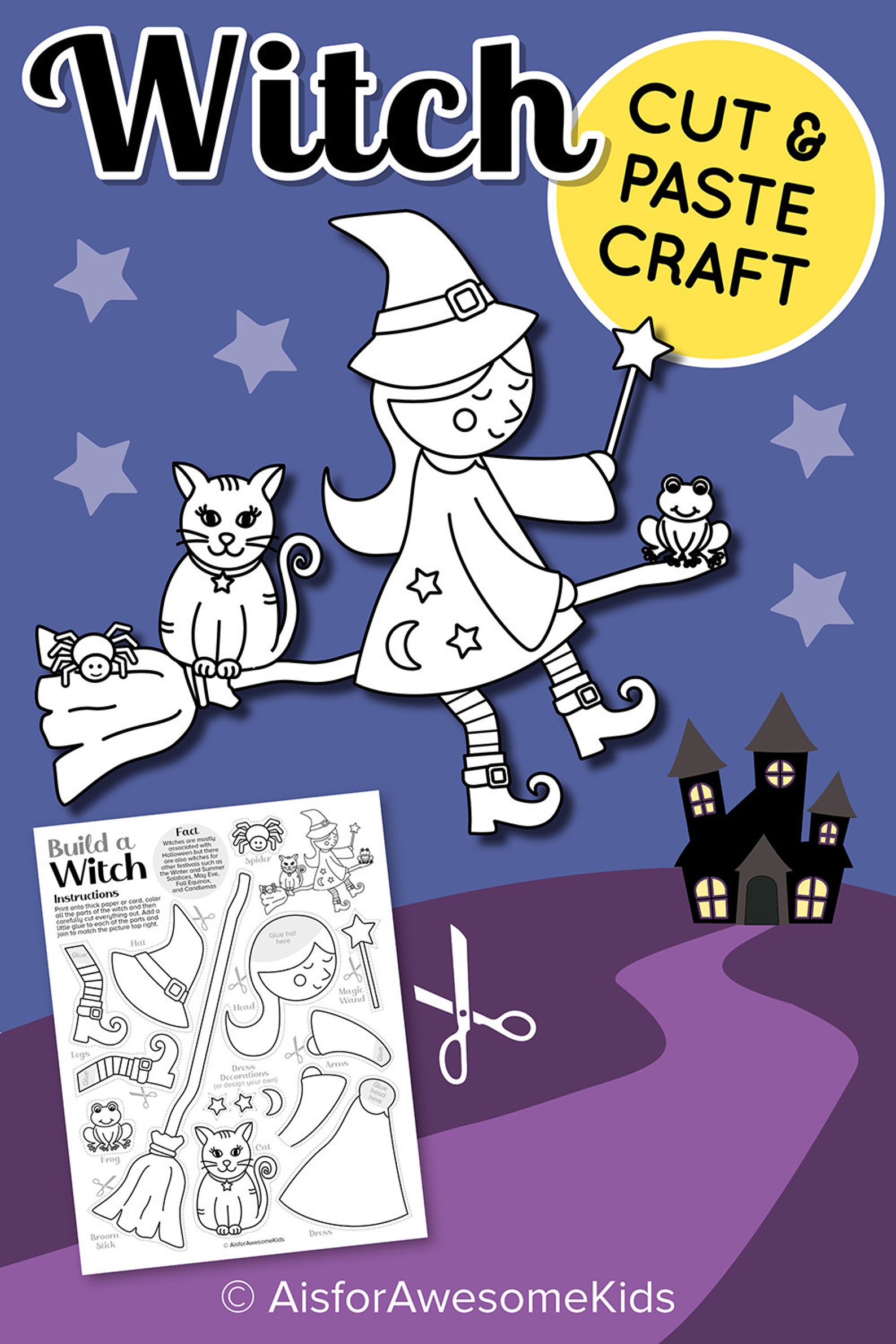 Build a Witch Cut & Paste Craft, Halloween Broomstick Coloring, Paper ...
