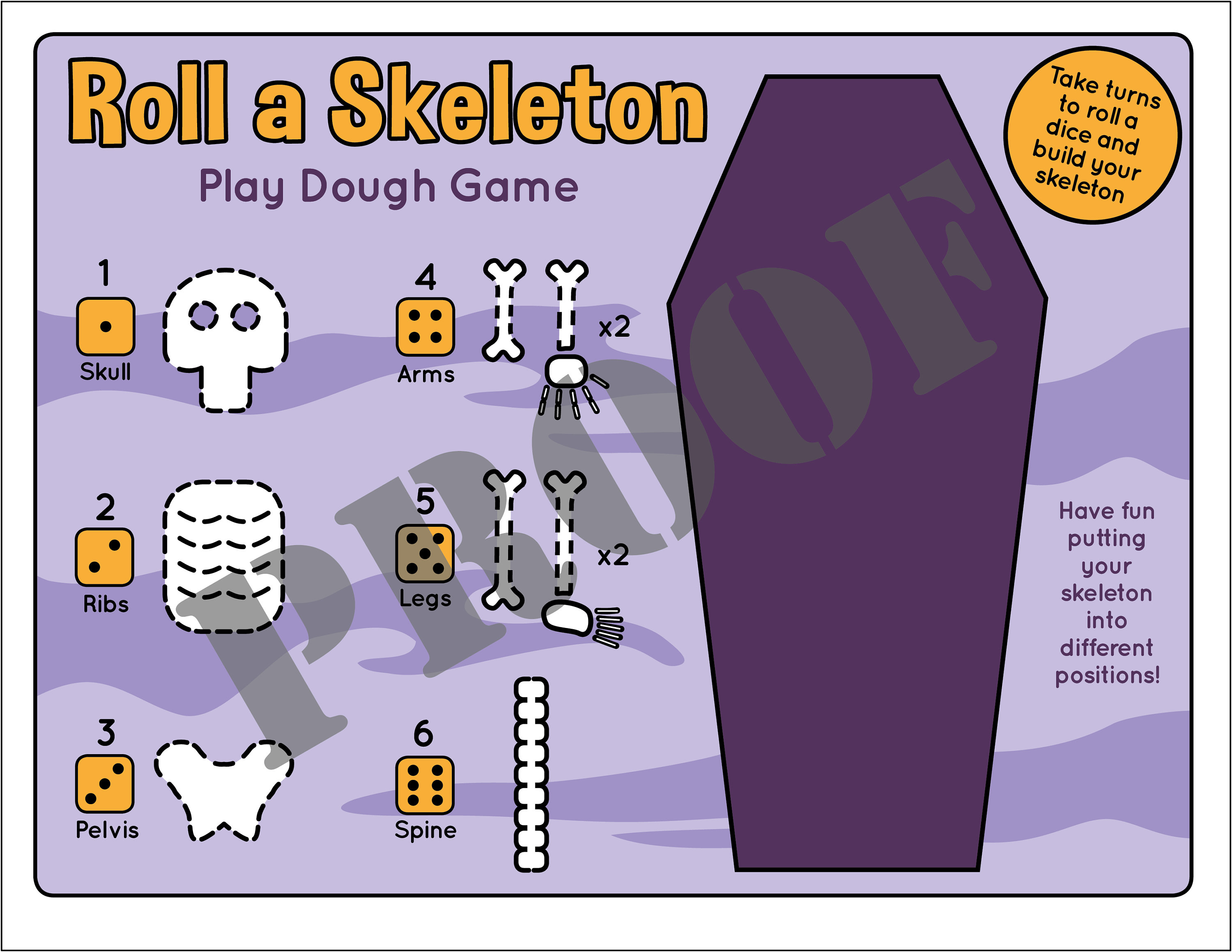 Roll a Skeleton Play Dough Mat Game, Kids Halloween Playdough Doh Dice ...