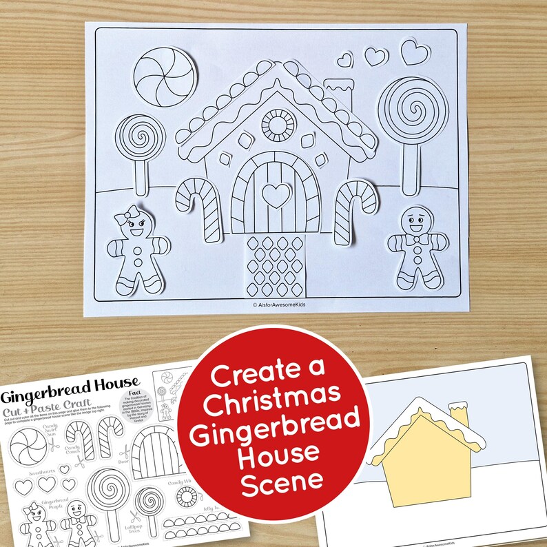 Gingerbread House Scene Cut & Paste, Build a Christmas Candy Cottage ...