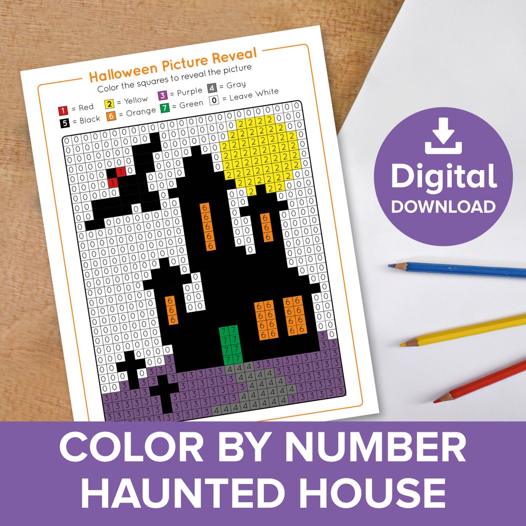 Halloween Color by Number Coding Worksheet, Haunted House Picture ...