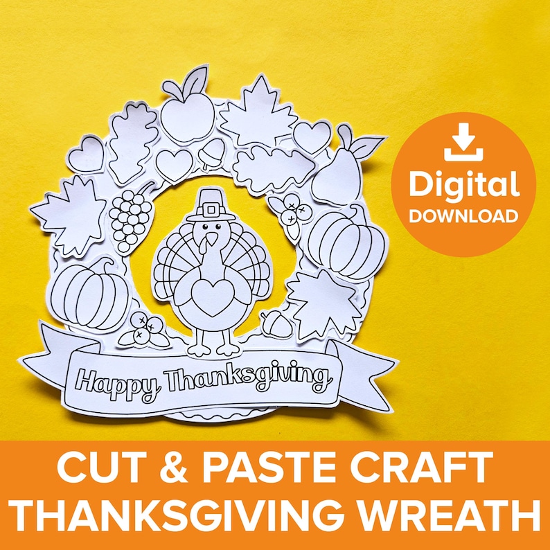 Thanksgiving Wreath Cut & Paste Craft, Fall Gratitude Coloring Page ...