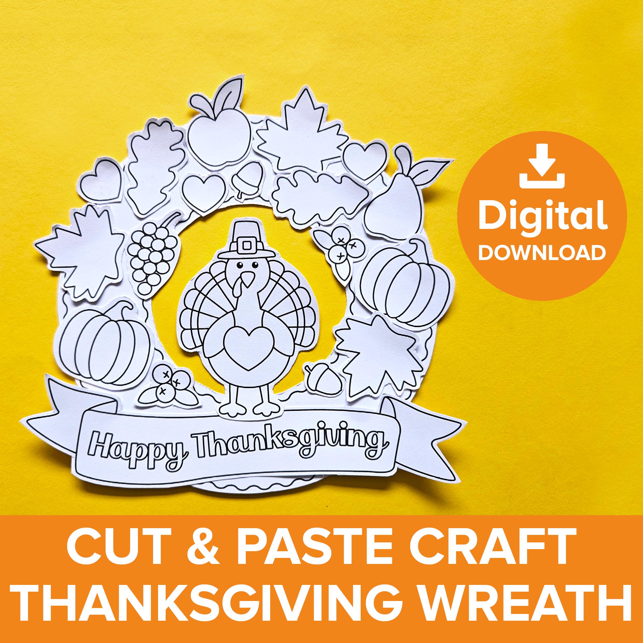 Thanksgiving Wreath Cut & Paste Craft, Fall Gratitude Coloring Page ...