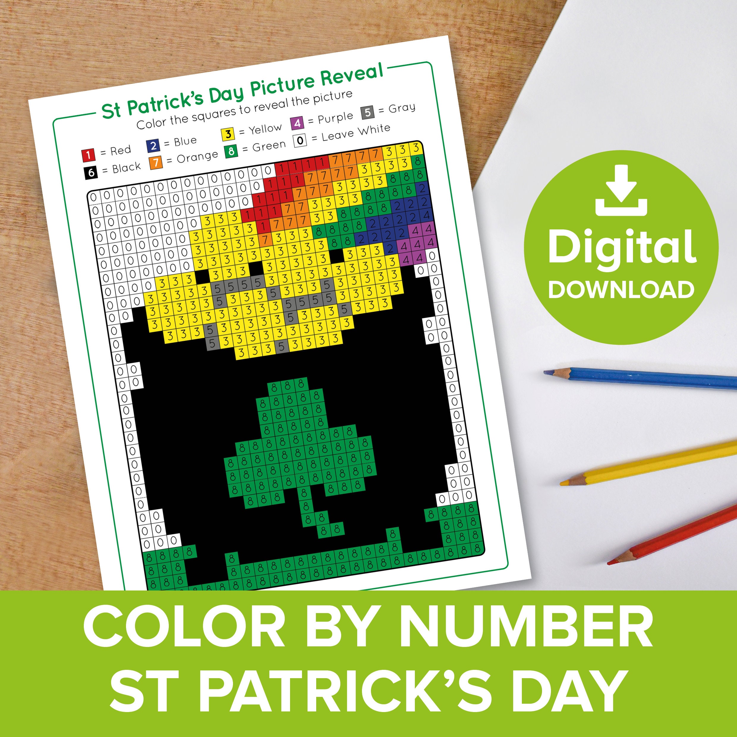 St Patrick's Day Color by Number Coding Worksheets, Pot of Gold Ireland ...