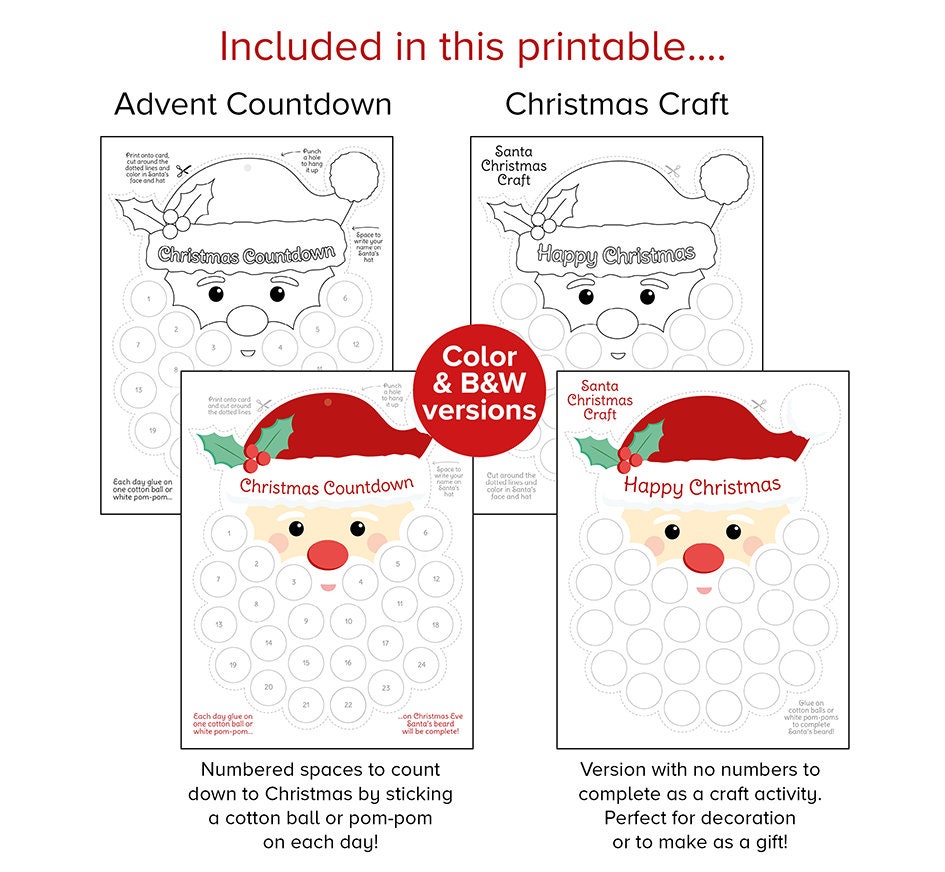 Santa's Beard Cotton Ball Craft, Children's Christmas Countdown Advent ...