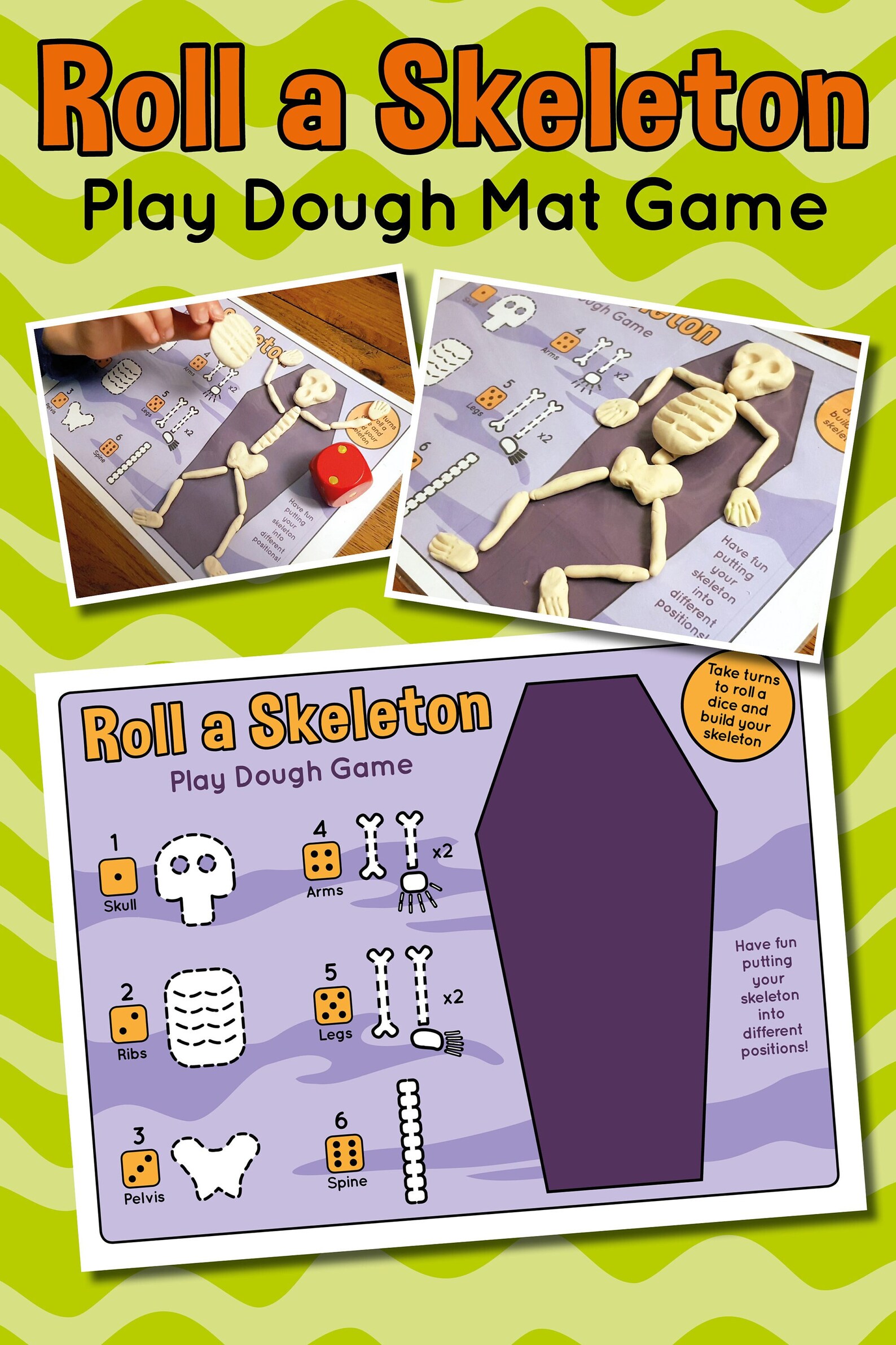 Roll a Skeleton Play Dough Mat Game, Kids Halloween Playdough Doh Dice ...