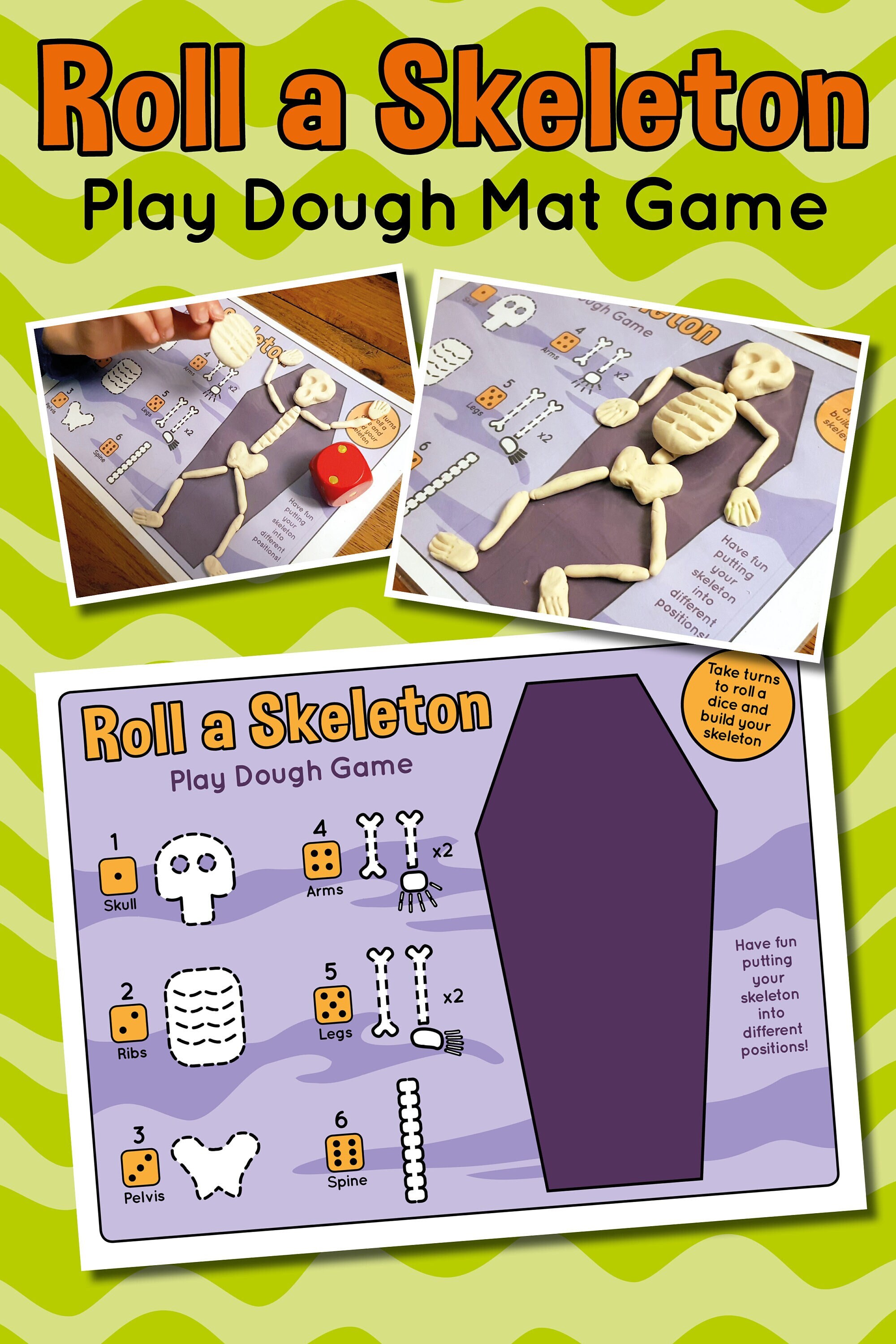 Roll a Skeleton Play Dough Mat Game, Kids Halloween Playdough Doh Dice ...