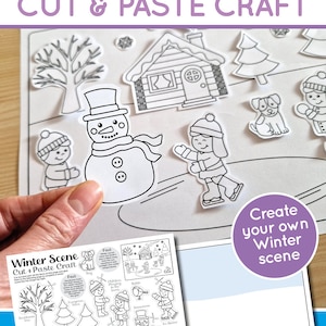 Winter Scene Cut & Paste Craft, Snowy Cabin Ice Skating Coloring Page ...