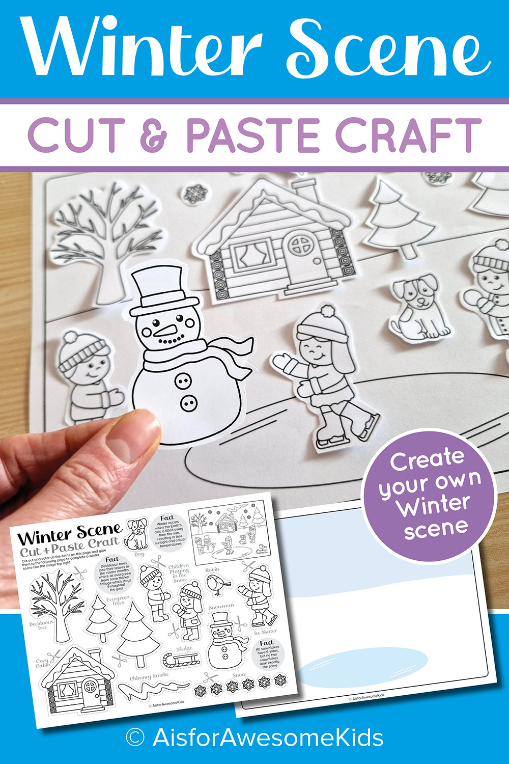 Winter Scene Cut & Paste Craft, Snowy Cabin Ice Skating Coloring Page ...