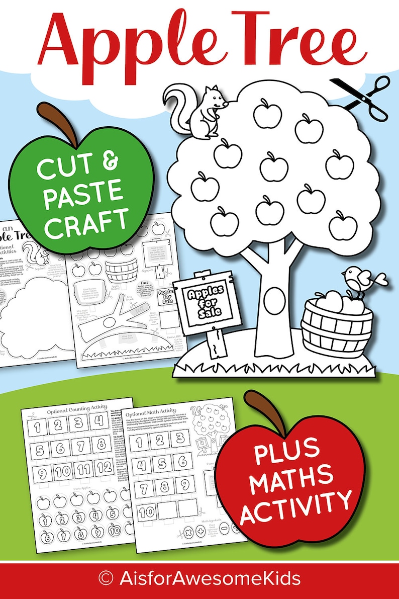 Build an Apple Tree Cut & Paste Craft, Fall Fruit Coloring Page ...