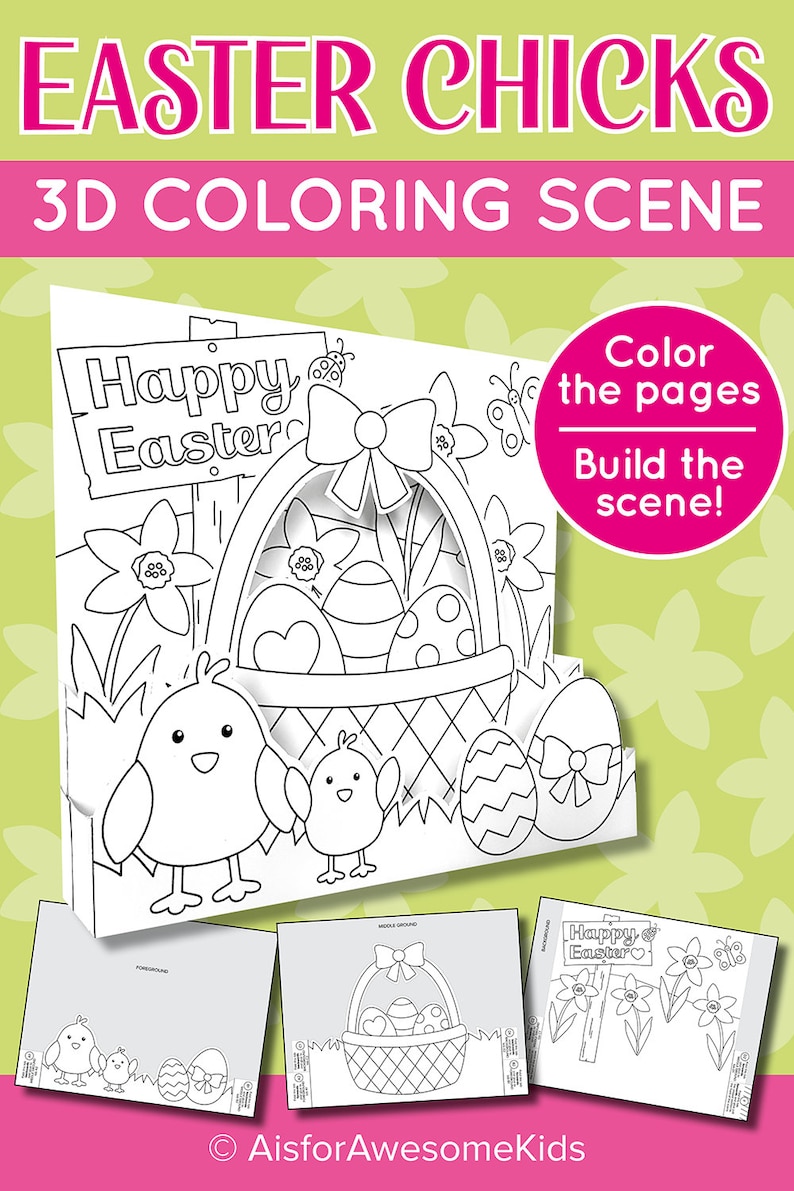 Easter Chicks 3D Coloring Scene, Spring Animals Layered Picture, Egg ...