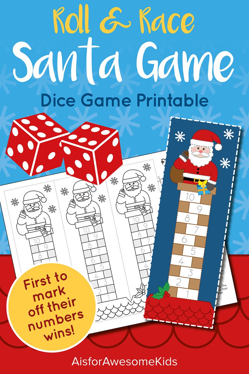 Roll & Race Santa Christmas Dice Game, Kids Xmas Math Coloring Activity ...