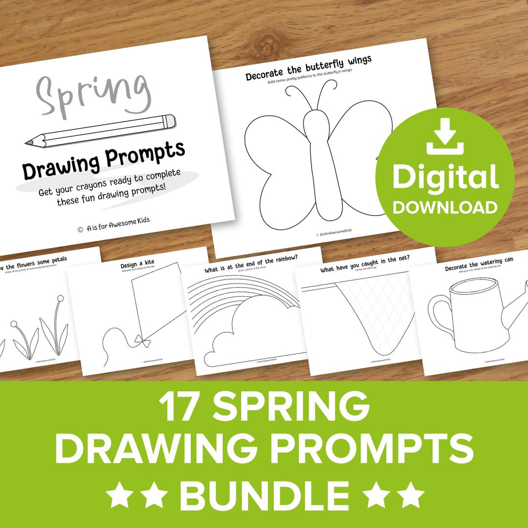 Spring Drawing Prompt Bundle, Children's Doodle Picture Challenge ...