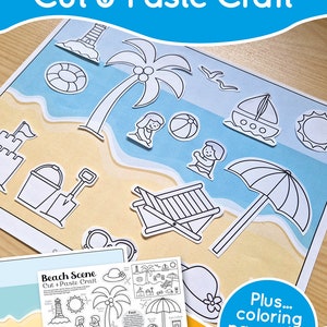 Beach Scene Cut & Paste Craft, Seaside Coloring Page Activity, Summer ...