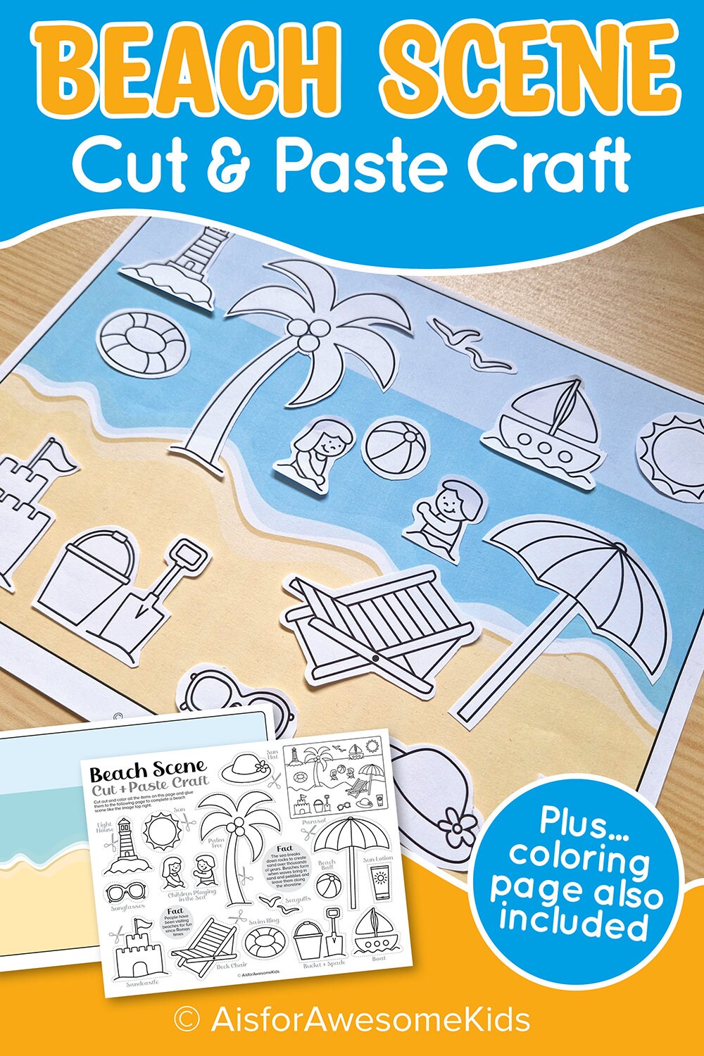 Beach Scene Cut & Paste Craft, Seaside Coloring Page Activity, Summer ...