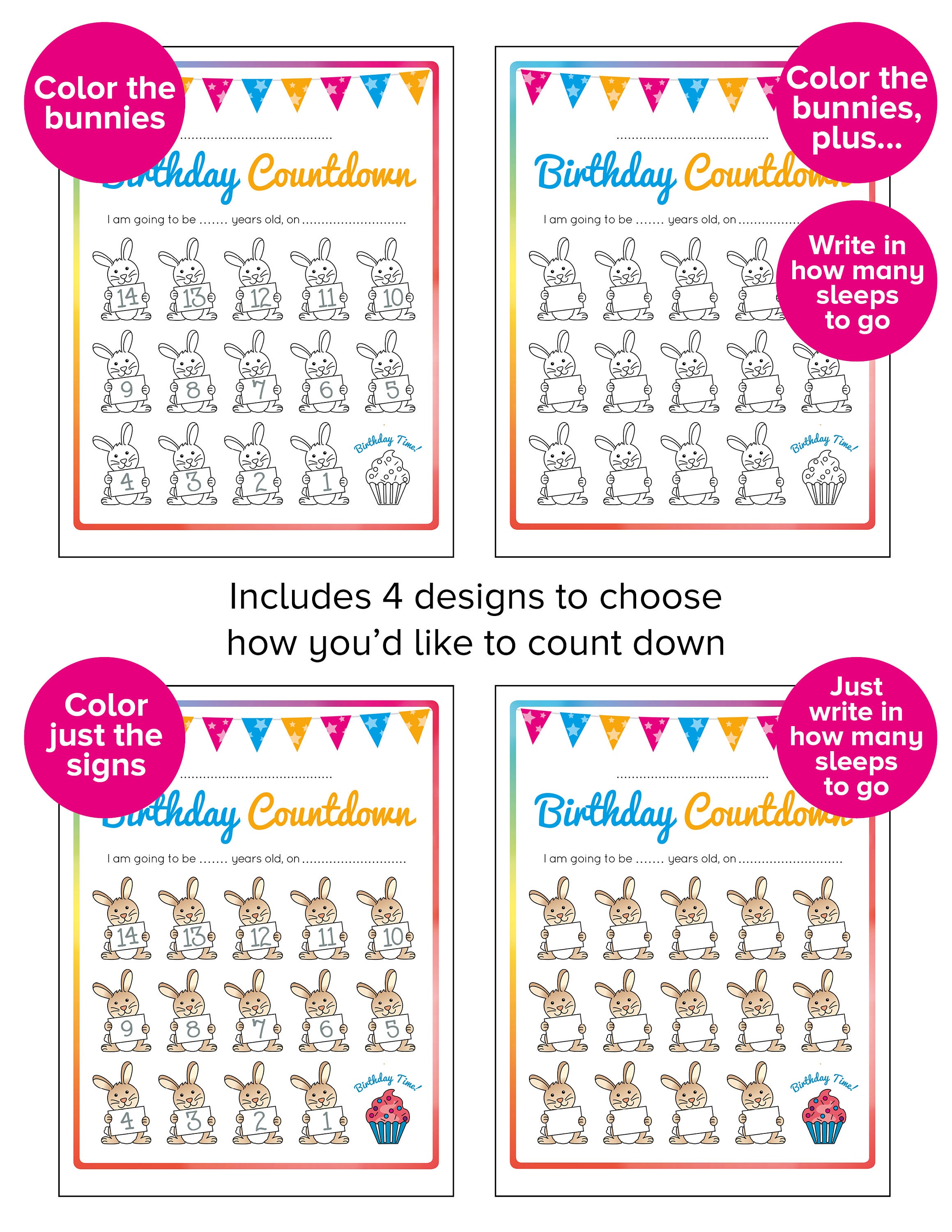 Bunny Birthday Countdown, Kids Party Count Down Chart, Children's Bday ...
