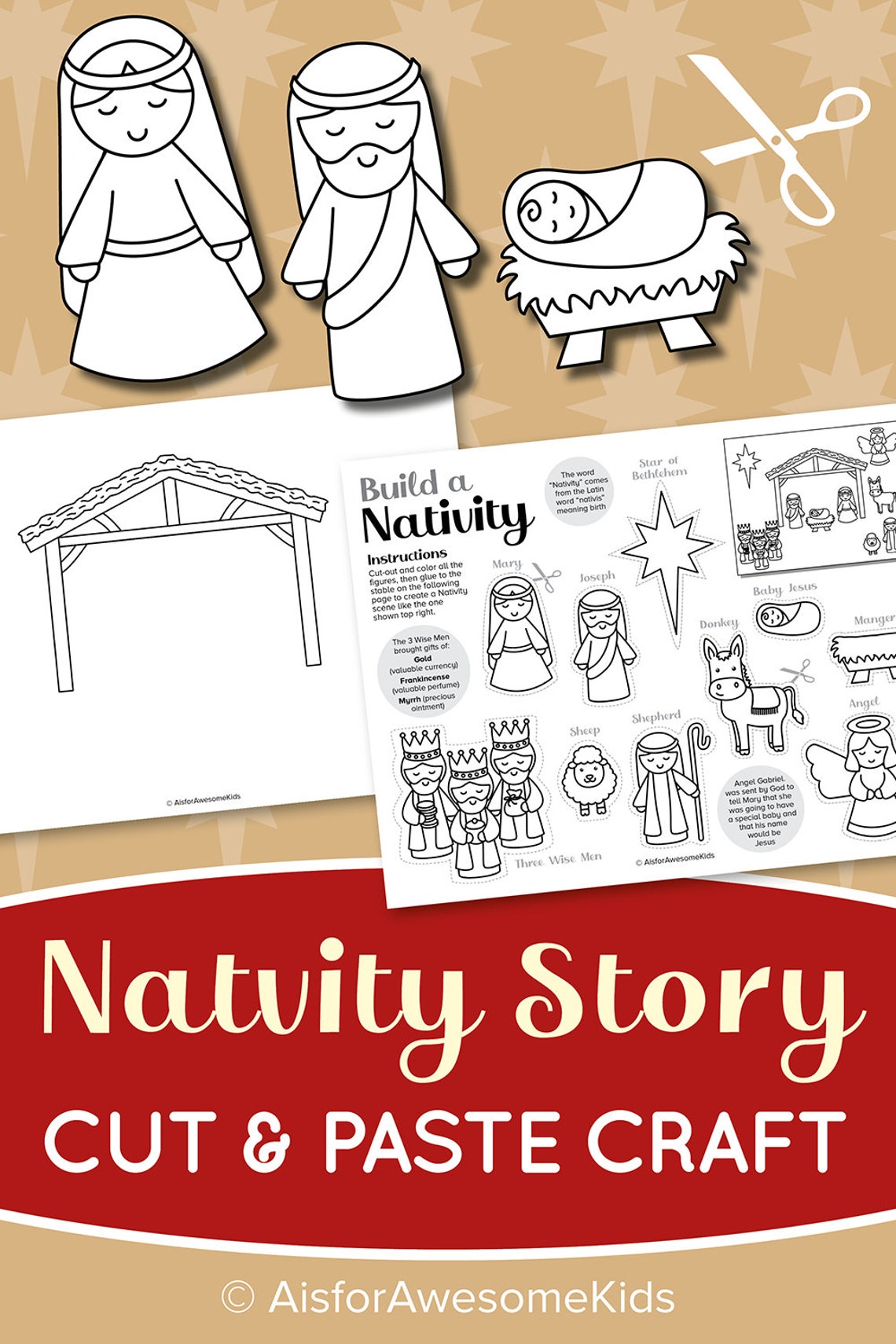 Christmas Nativity Cut & Paste Craft, Kids Colour and Build Xmas Jesus ...