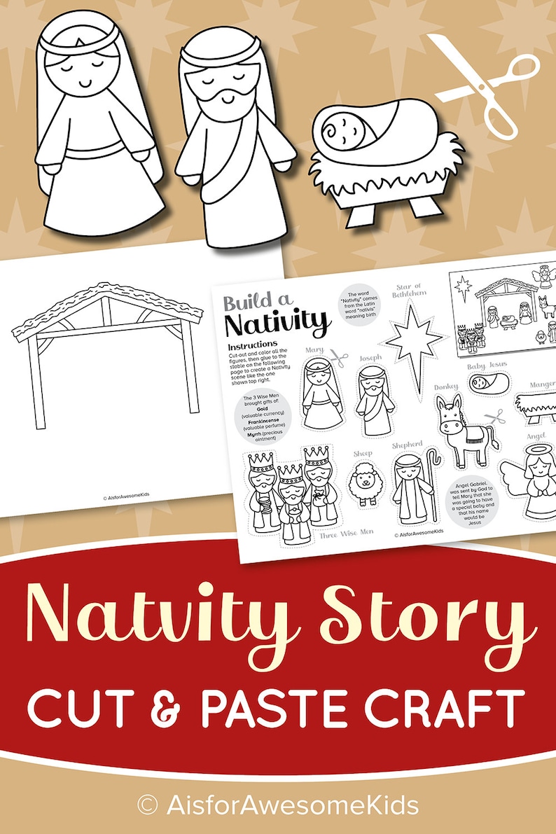 Christmas Nativity Cut & Paste Craft, Kids Colour and Build Xmas Jesus ...