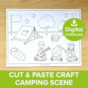 Camping Scene Cut & Paste Craft, Scout Camp Site Coloring Page Activity ...