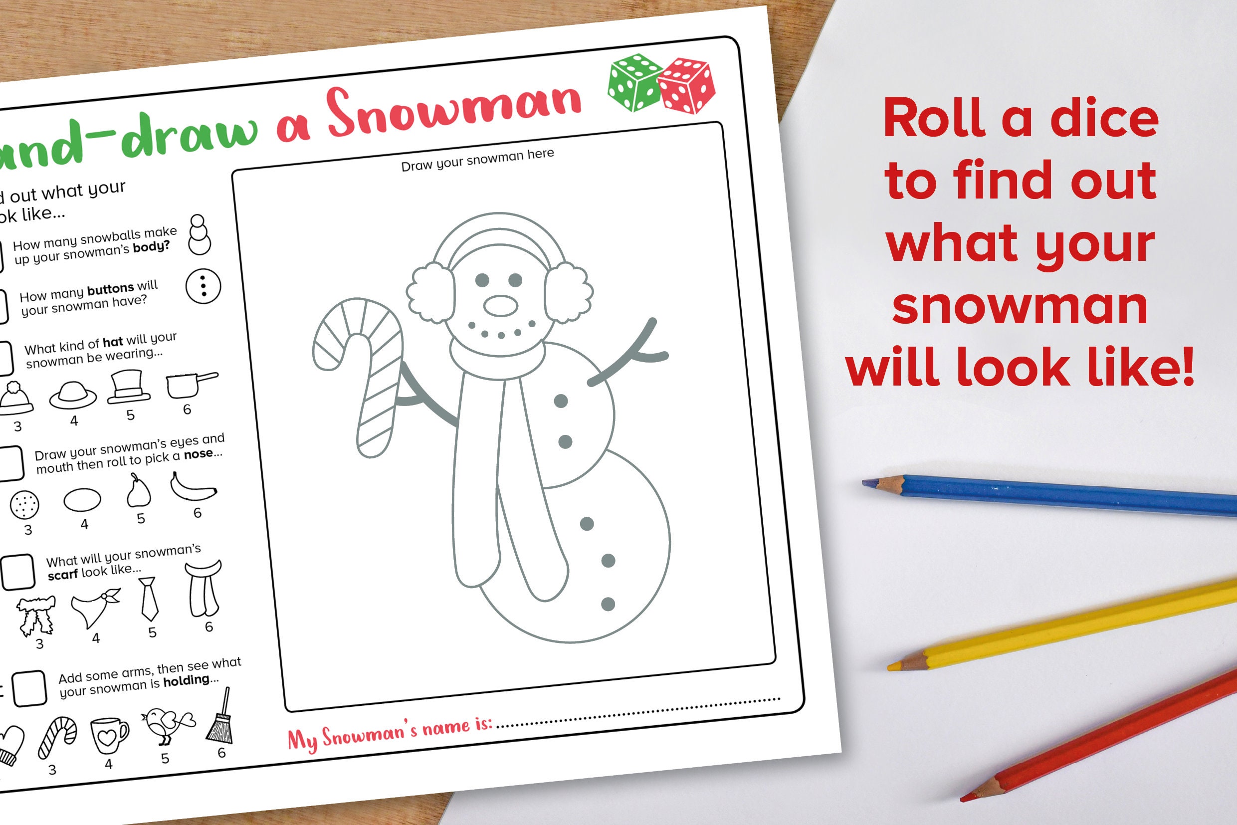 Roll & Draw a Snowman Drawing Prompt Activity, Kids Christmas Dice Game ...