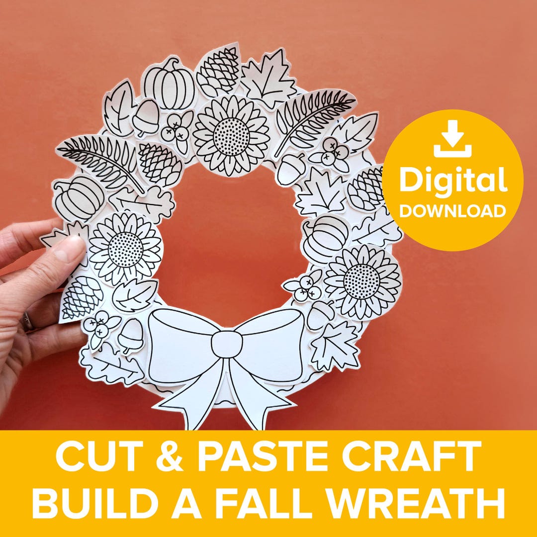 Fall Wreath Cut & Paste Craft, Autumn Harvest Festival Paper Door ...