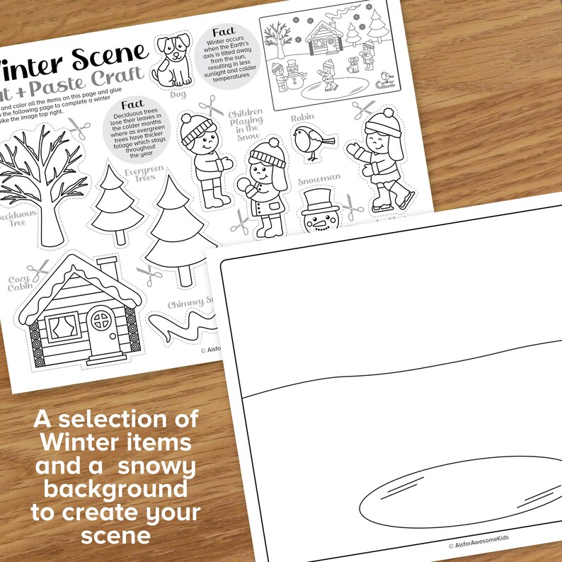 Winter Scene Cut & Paste Craft, Snowy Cabin Ice Skating Coloring Page ...