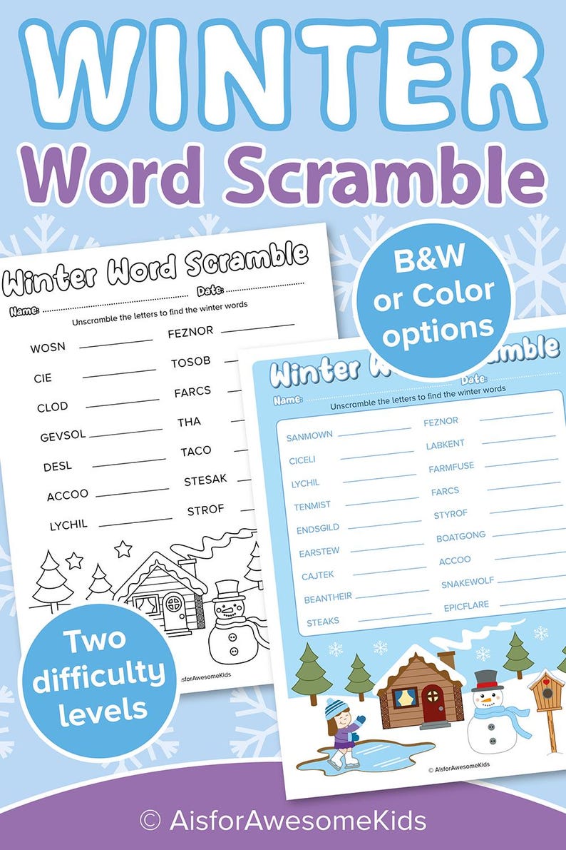 Winter Word Scramble Worksheet, Kids Christmas Anagram Challenge, Snowy ...