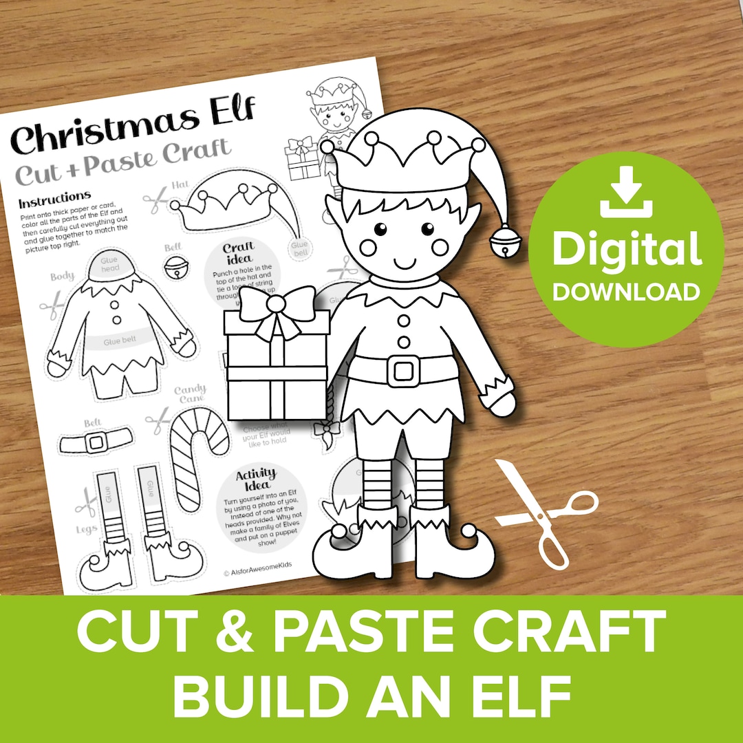 Christmas Elf Cut & Paste Craft, Pixie Xmas Card Color Build Kit, Santa ...