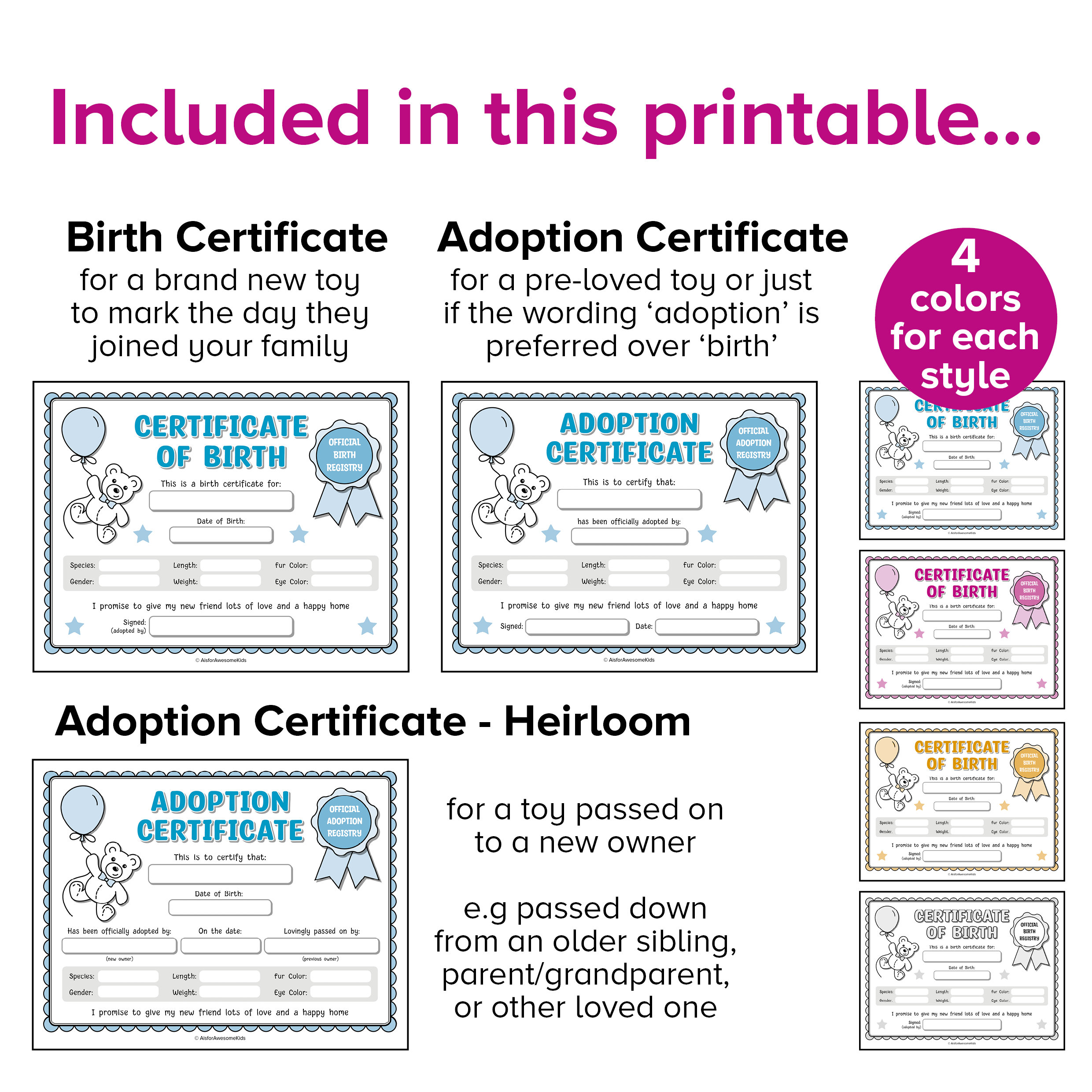 Teddy Birth Certificates Plushie Adoption Certificate Form - Etsy