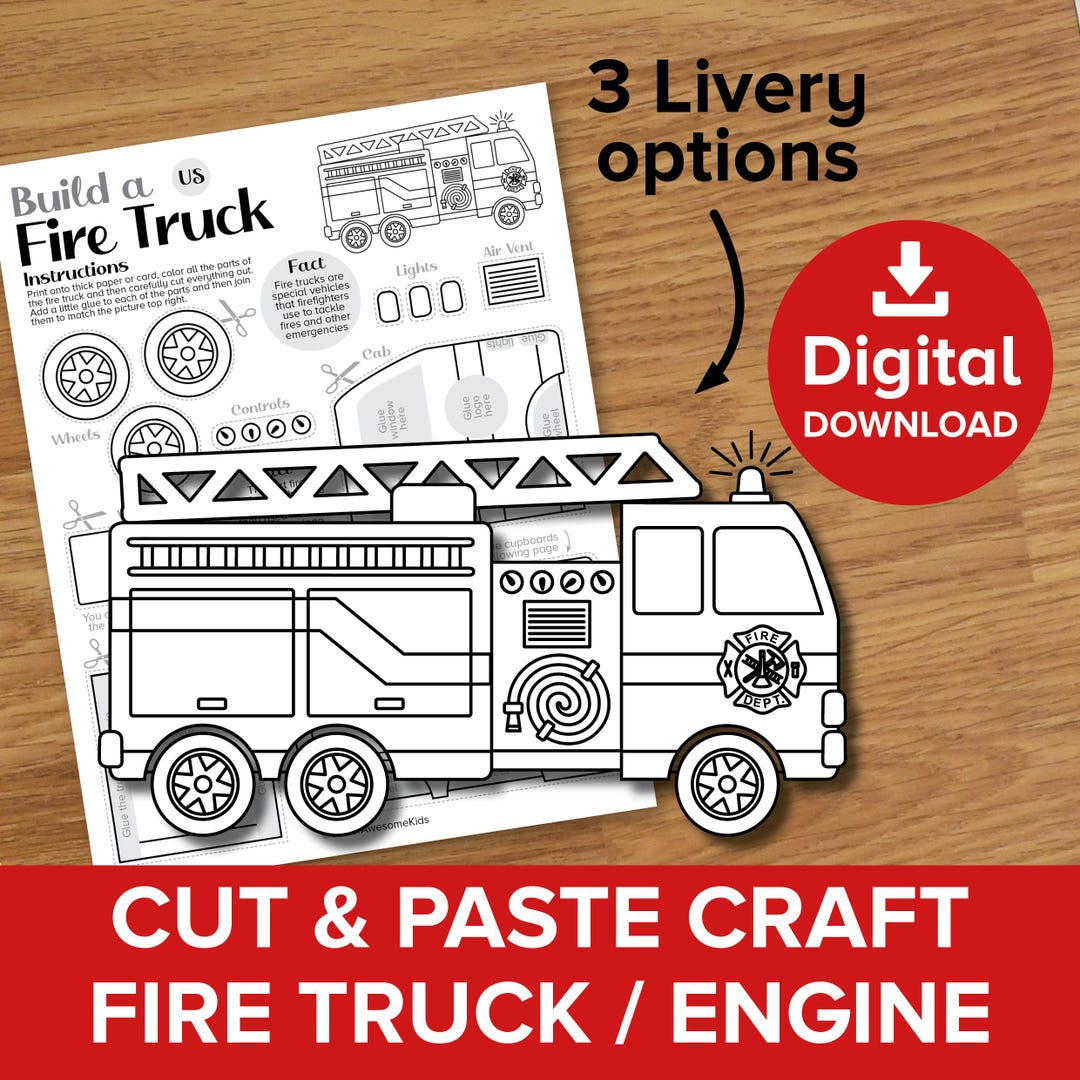 Build a Fire Truck Cut & Paste Craft, Emergency Services Rescue Vehicle ...