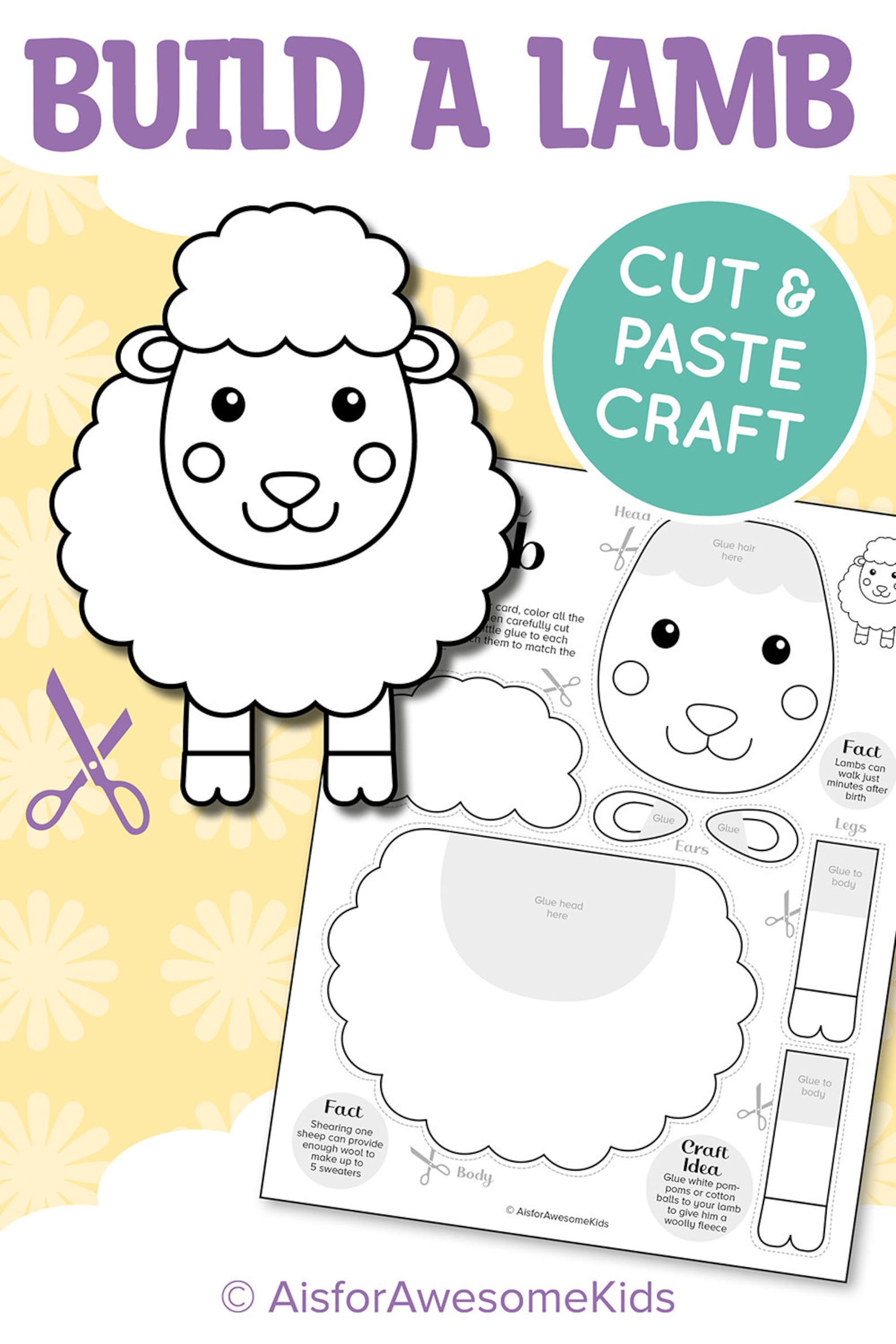 Lamb Cut & Paste Craft Printable, Build a Sheep Coloring, Spring Baby ...