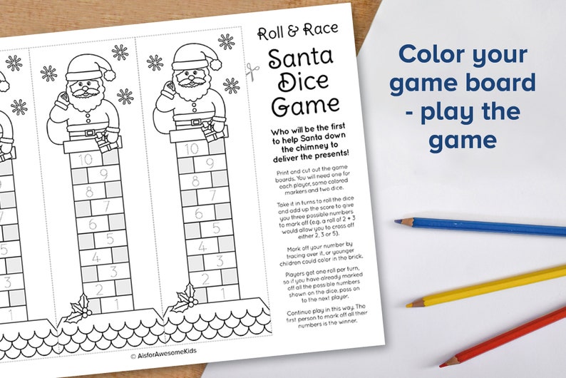 Roll & Race Santa Christmas Dice Game, Kids Xmas Math Coloring Activity ...
