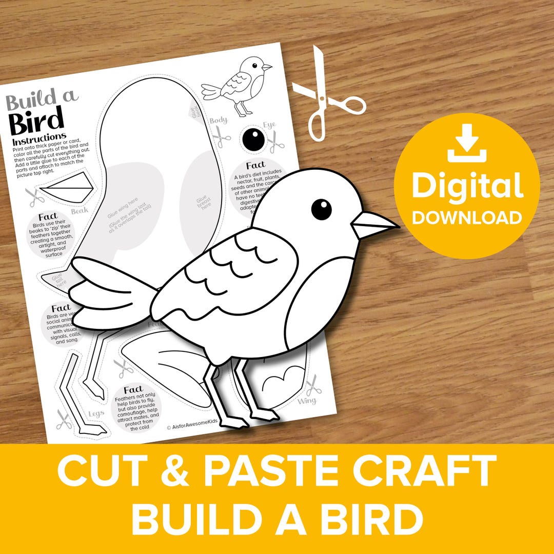 Bird Cut & Paste Craft Printable, Build a Spring Animal Coloring Page ...