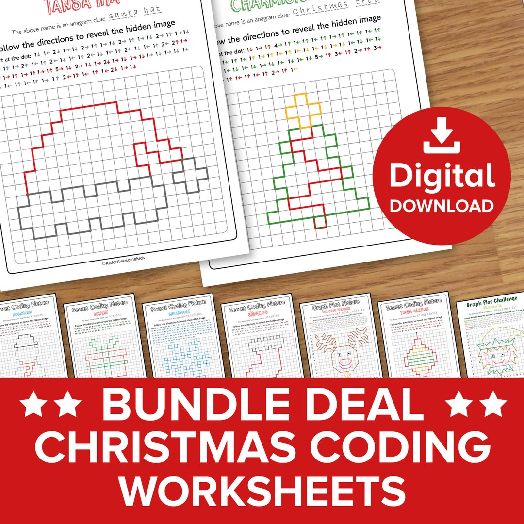Christmas Coding Worksheet Bundle, Xmas Picture Reveal Challenge ...