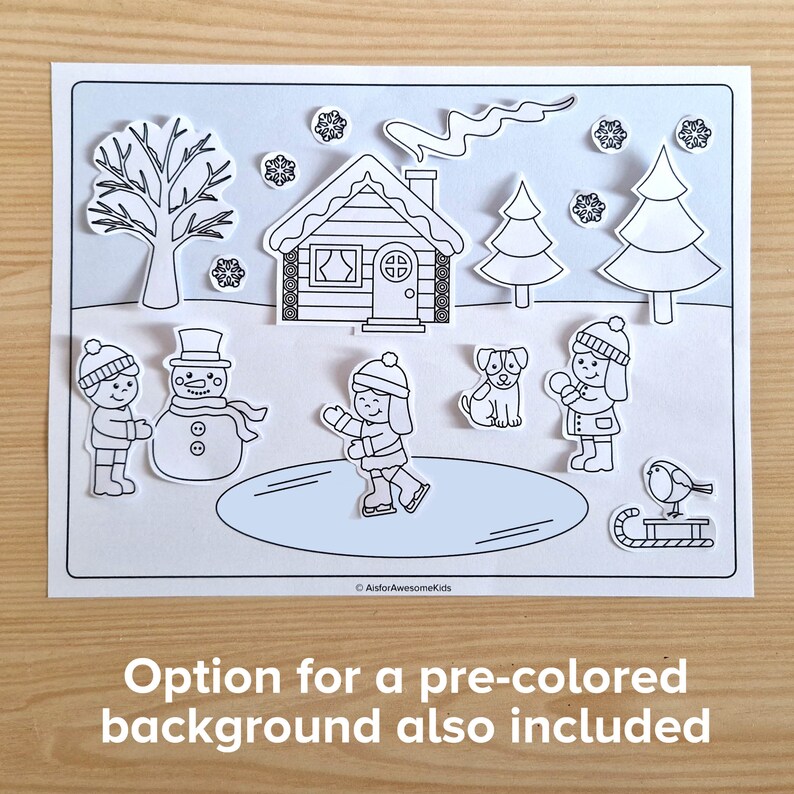 Winter Scene Cut & Paste Craft, Snowy Cabin Ice Skating Coloring Page ...
