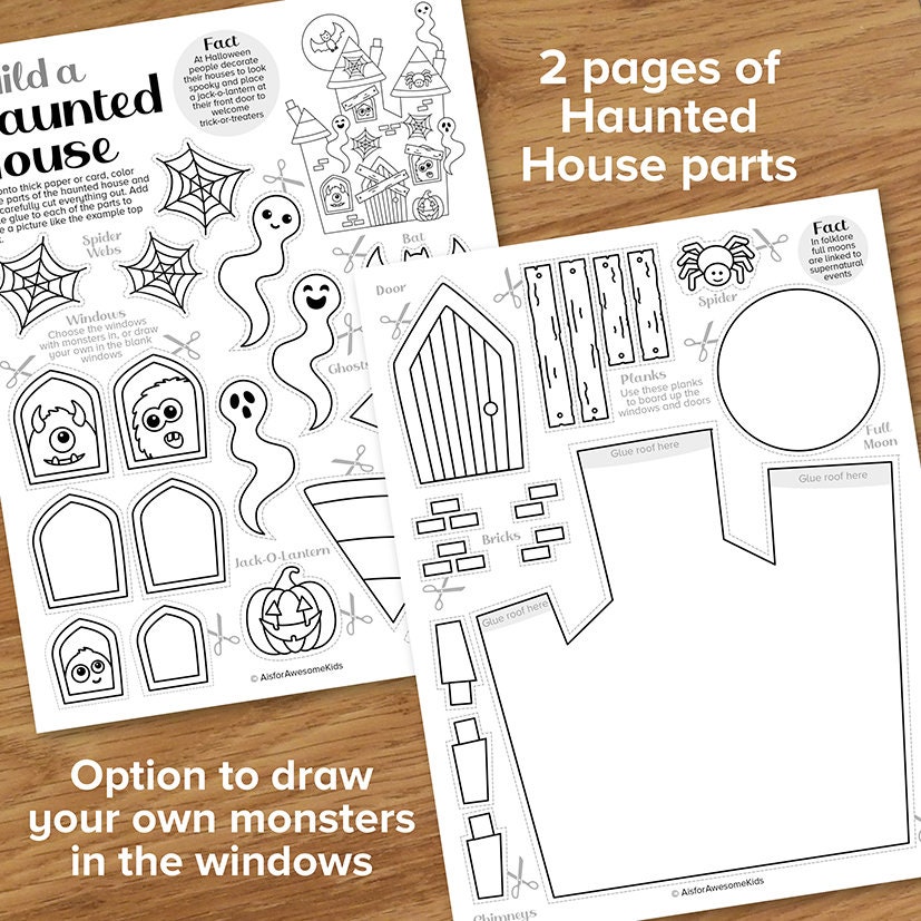 Haunted House Cut & Paste Craft, Build a Halloween Mansion Coloring ...