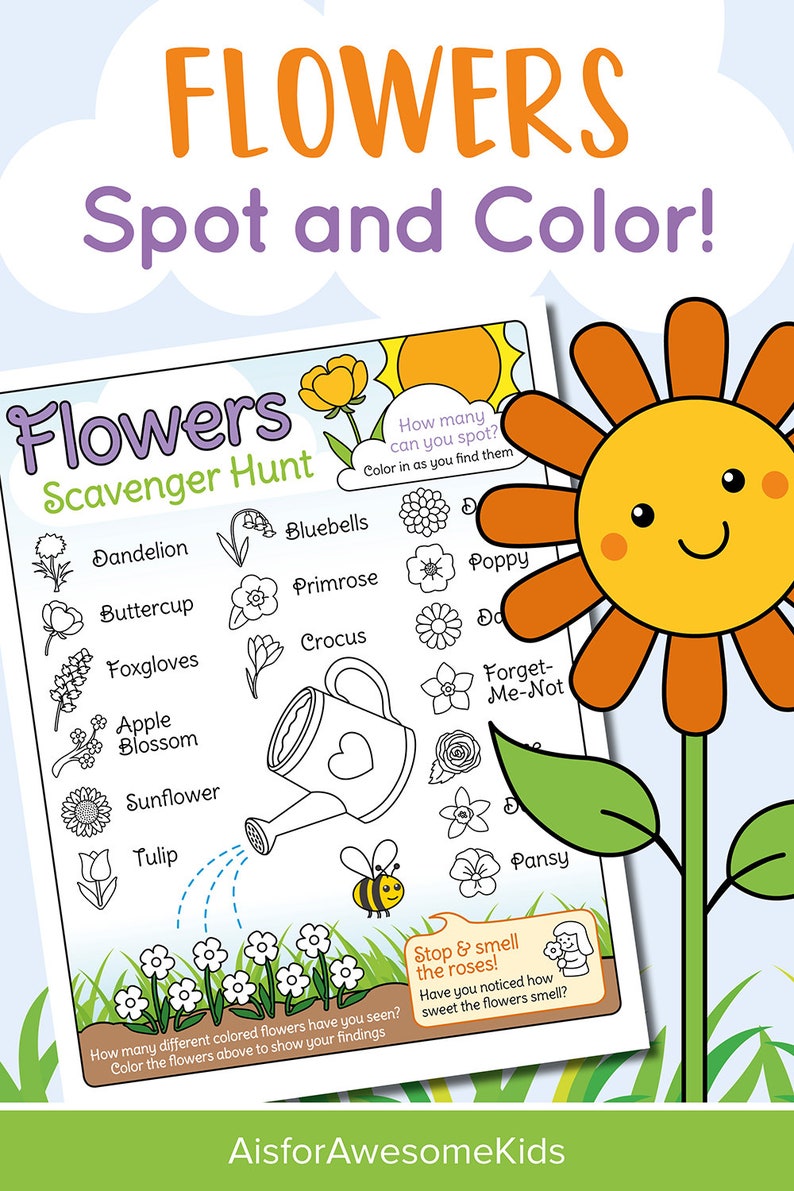 Flowers Scavenger Hunt, Kids Coloring Treasure Trail, Children's ...
