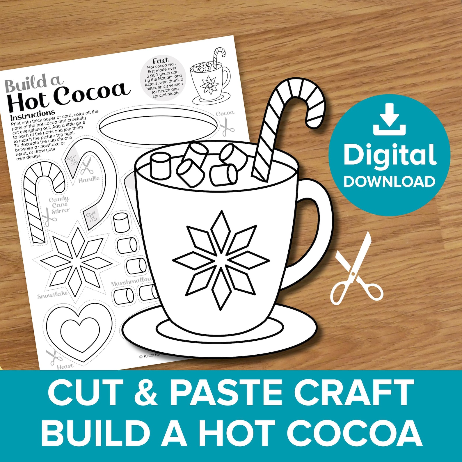 Build a Hot Cocoa Cut & Paste Craft, Christmas Chocolate Drink Coloring ...