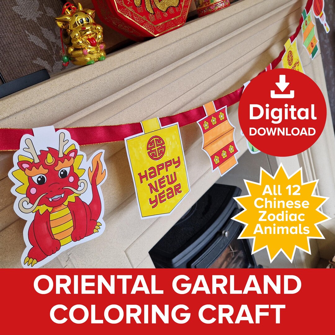 Chinese New Year Garland Coloring Craft, Lunar Festival Bunting ...