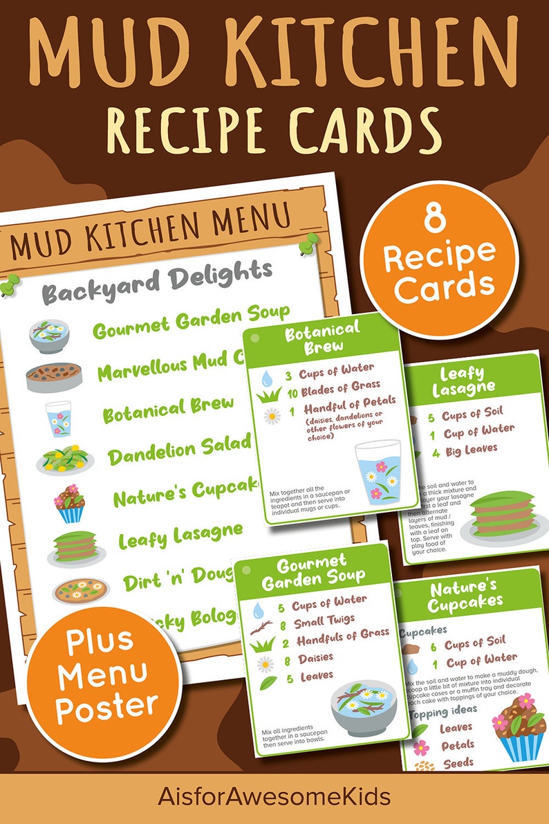 Mud Kitchen Recipe Cards, Kids Outdoor Nature Cooking Role Play Pack ...
