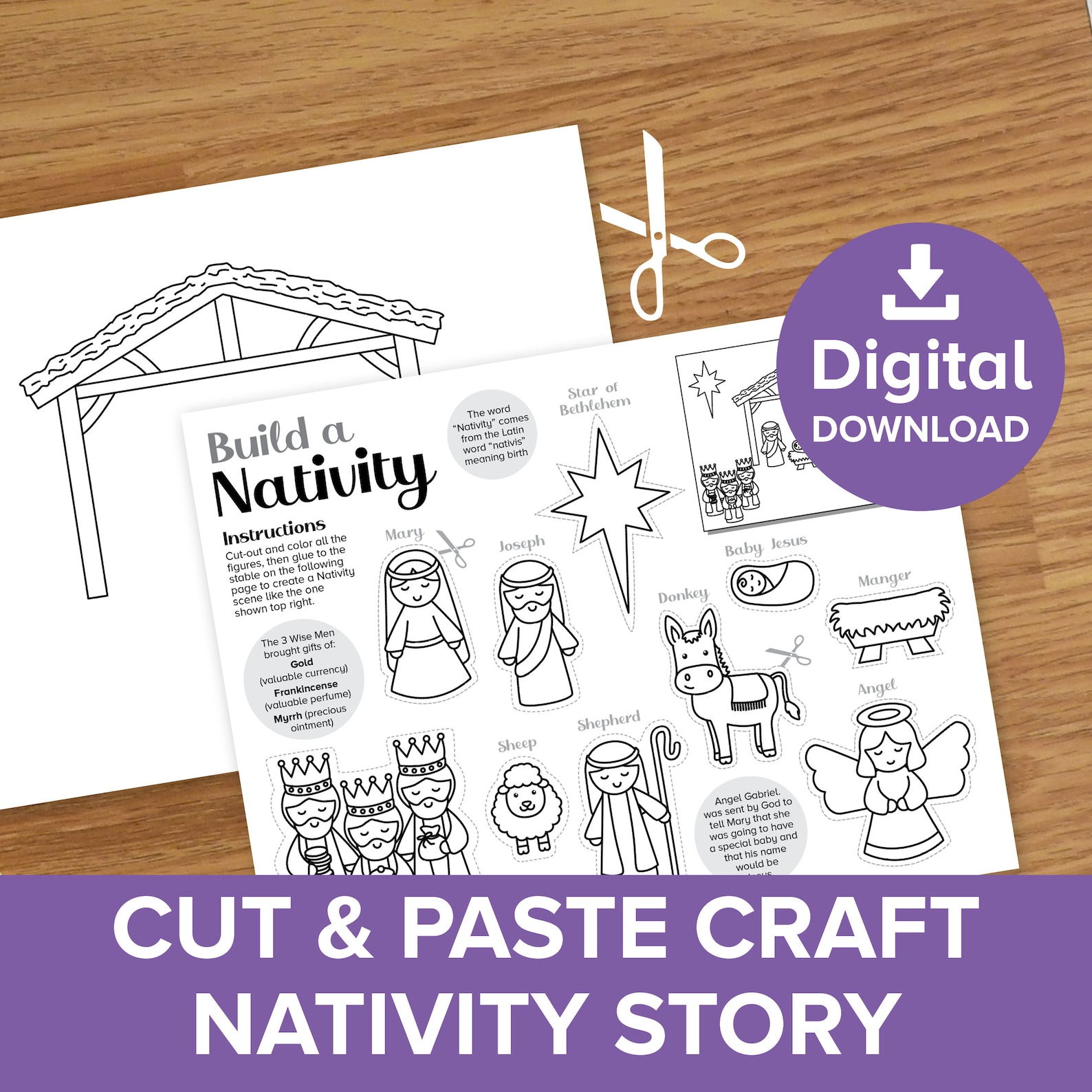 Christmas Nativity Cut & Paste Craft, Kids Colour and Build Xmas Jesus ...