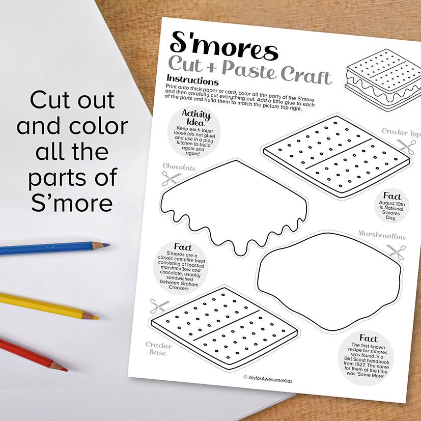 S'mores Cut & Paste Craft Printable, Summer Camping Color and Build Art ...