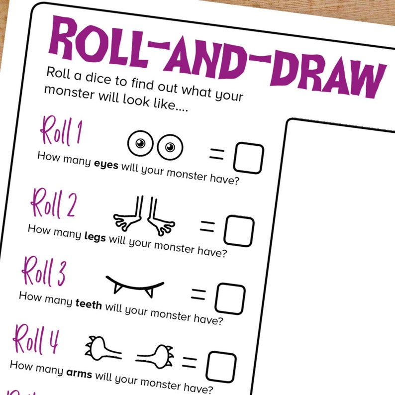 Roll & Draw a Monster Drawing Prompt Activity, Kids Halloween Dice Game ...