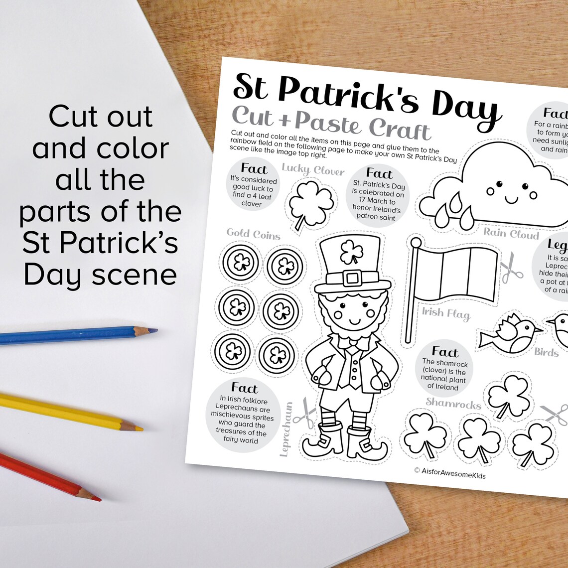 St Patrick's Day Cut & Paste Craft, Colour and Build Leprechaun Scene ...