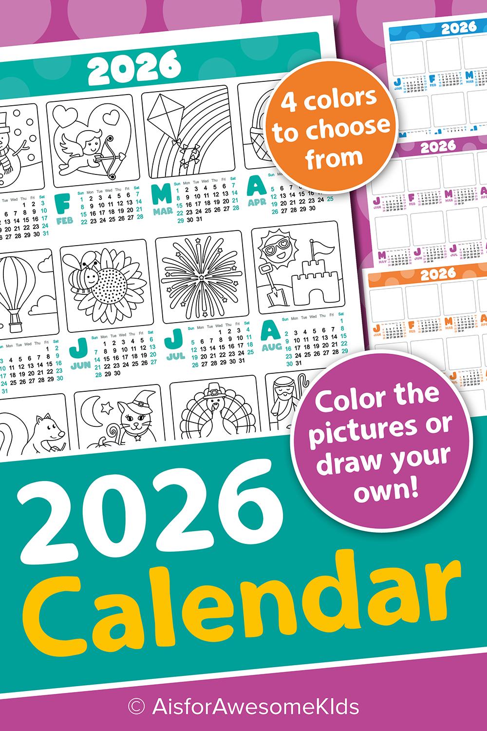 2026 Coloring Calendar, 1-page Photo Calendar, Kids Make Your Own Year ...