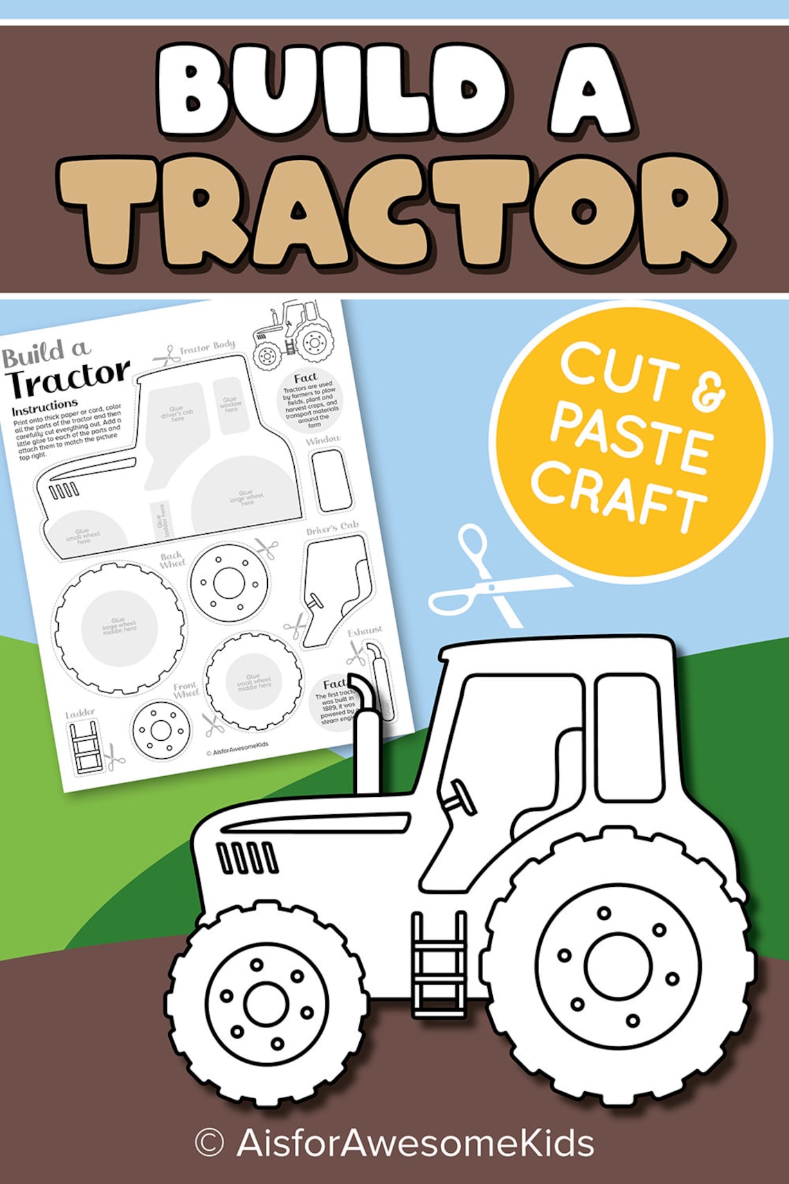 Tractor Cut & Paste Craft Printable, Spring Farmyard Vehicle Color and ...